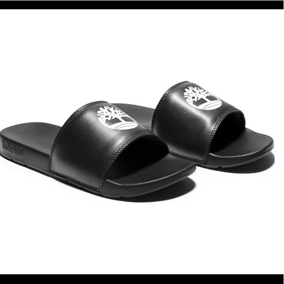 Timberland | Shoes | Timberland Black Logo Leather Pool Slides Sandals ...